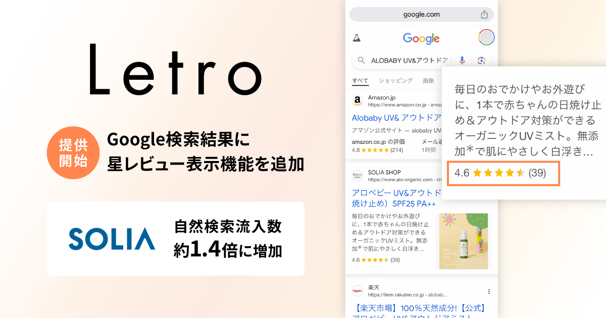 Letro、Google検索結果へのレビュー表示機能を追加 SOLIAでは自然検索流入が約1.4倍に|ECzine（イーシージン）