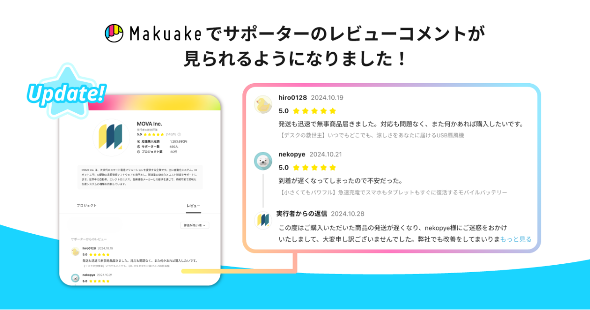 Makuake、レビュー機能をアップデート サポーターからの評価とコメントを実行者ページに表示|ECzine（イーシージン）
